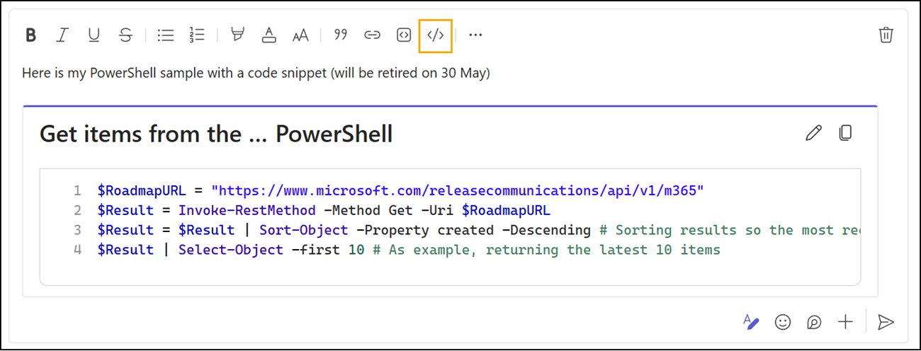 Das "Code Snippets" Feature für Teams-Chats und -Kanäle wird ...